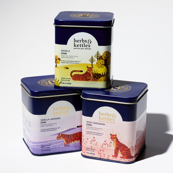 An trio of original Masala Chai, Rose Cardamom & Vanilla Lavender Chai